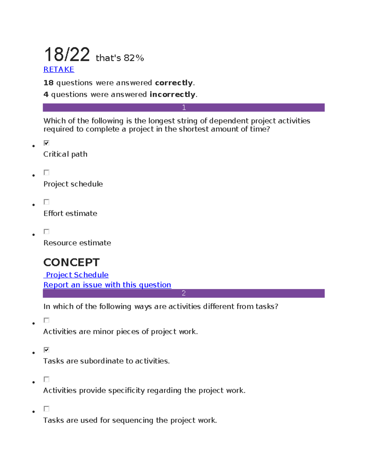 Project Management-Unit 2 Milestone 2 - 18/22 that's 82% RETAKE 18 questions were answered - Studocu