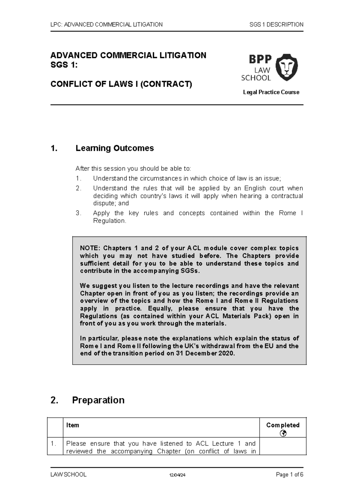 ACL SGS 1 Description 23-24 - LPC: ADVANCED COMMERCIAL LITIGATION SGS 1 ...