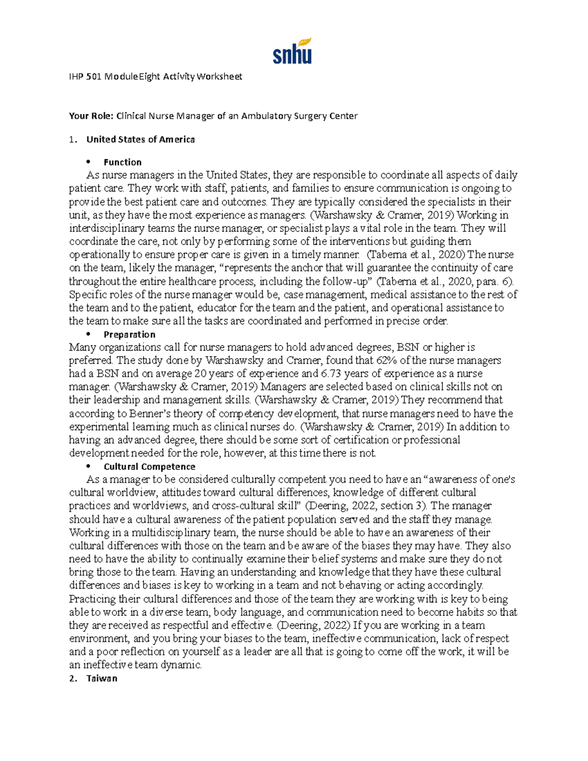 IHP 501 Module Eight Activity Worksheet - IHP 501 Module Eight Activity ...