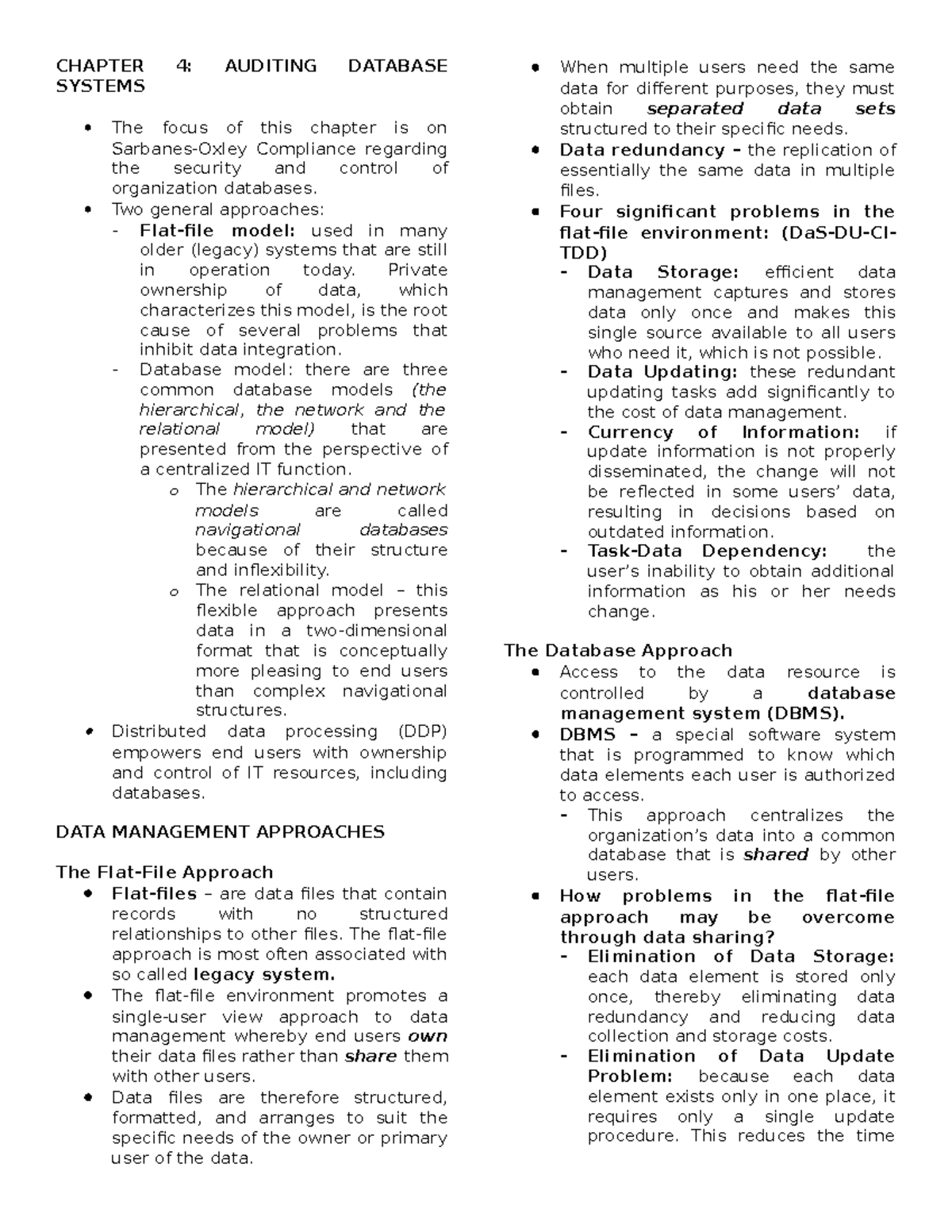 AUDCIS REV MATERIAL - CHAPTER 4: AUDITING DATABASE SYSTEMS The focus of this chapter is on - Studocu