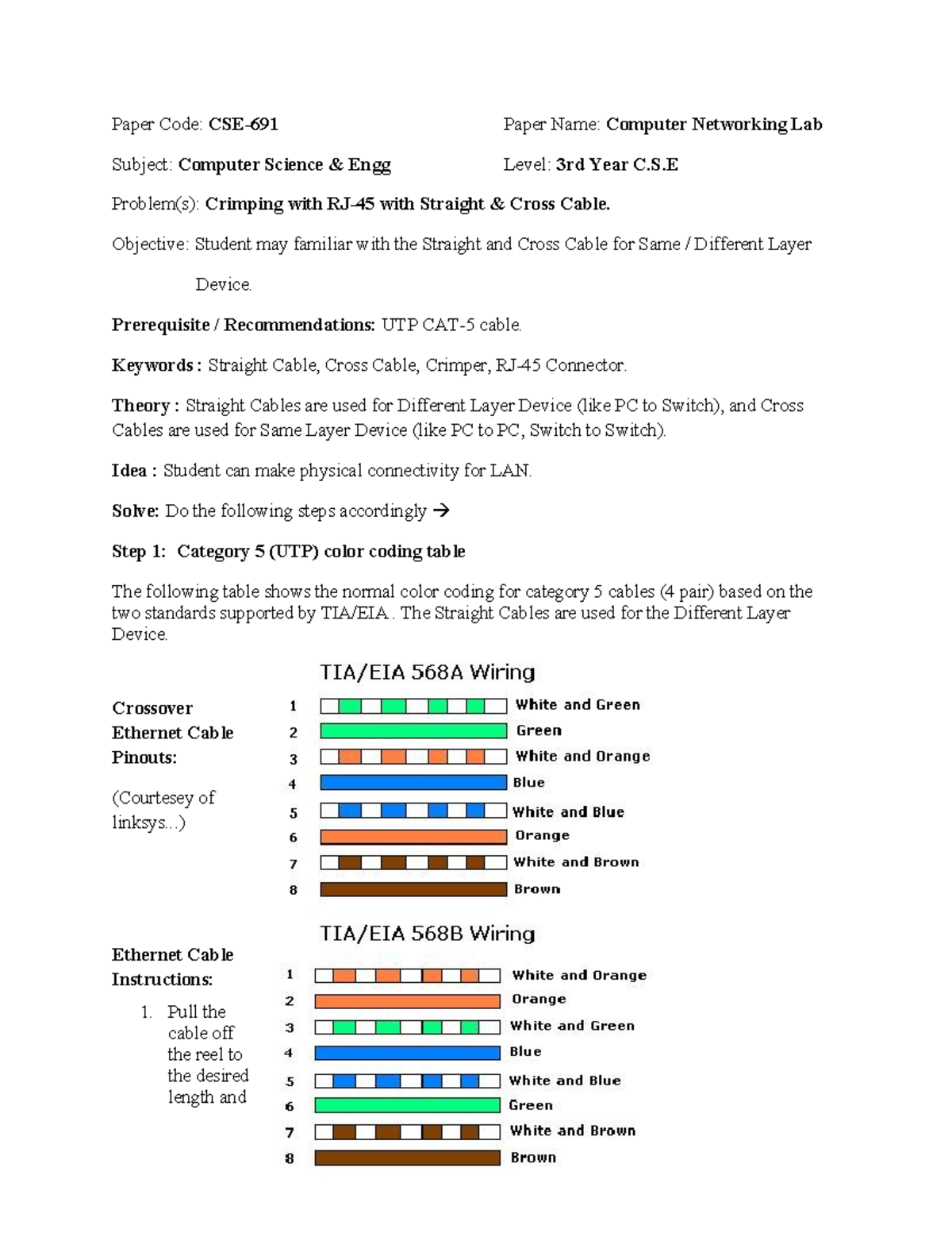 Assignment 1 - Crimping with RJ-45 with Straight & Cross Cable. - Paper ...