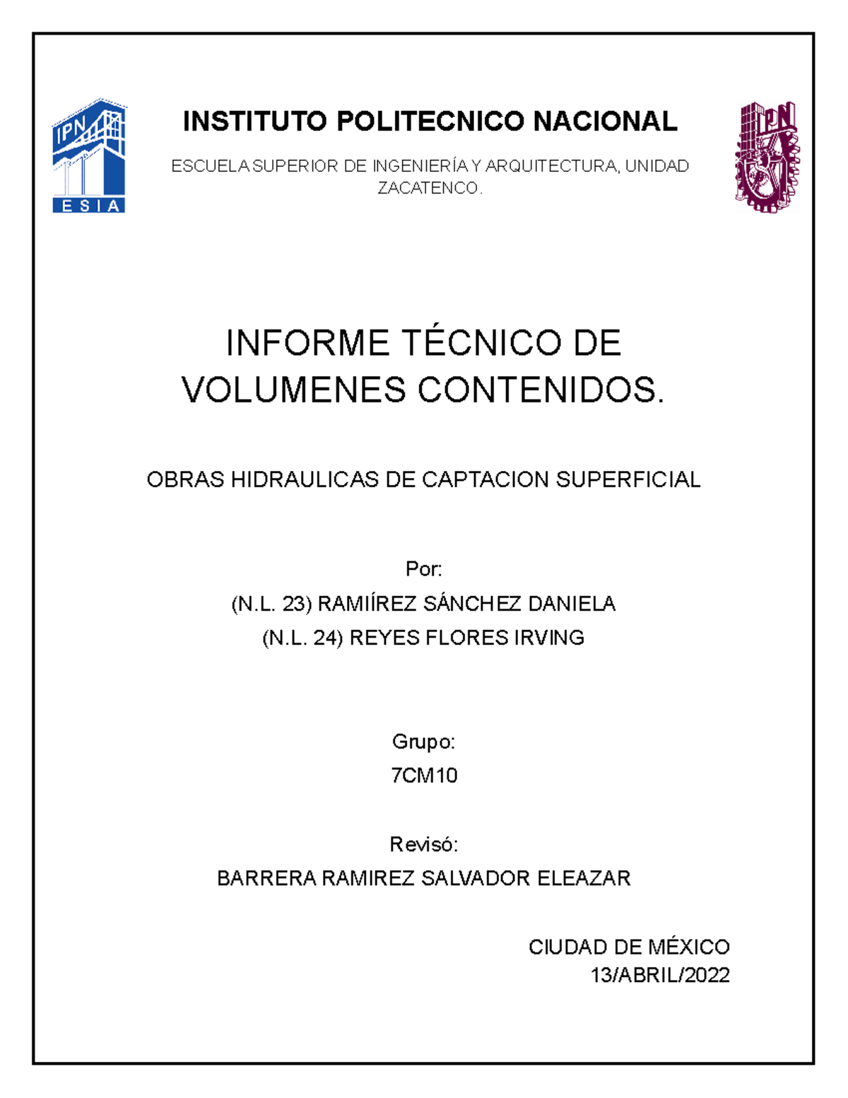 Volumenes de Azolve - INSTITUTO POLITECNICO NACIONAL ESCUELA SUPERIOR ...