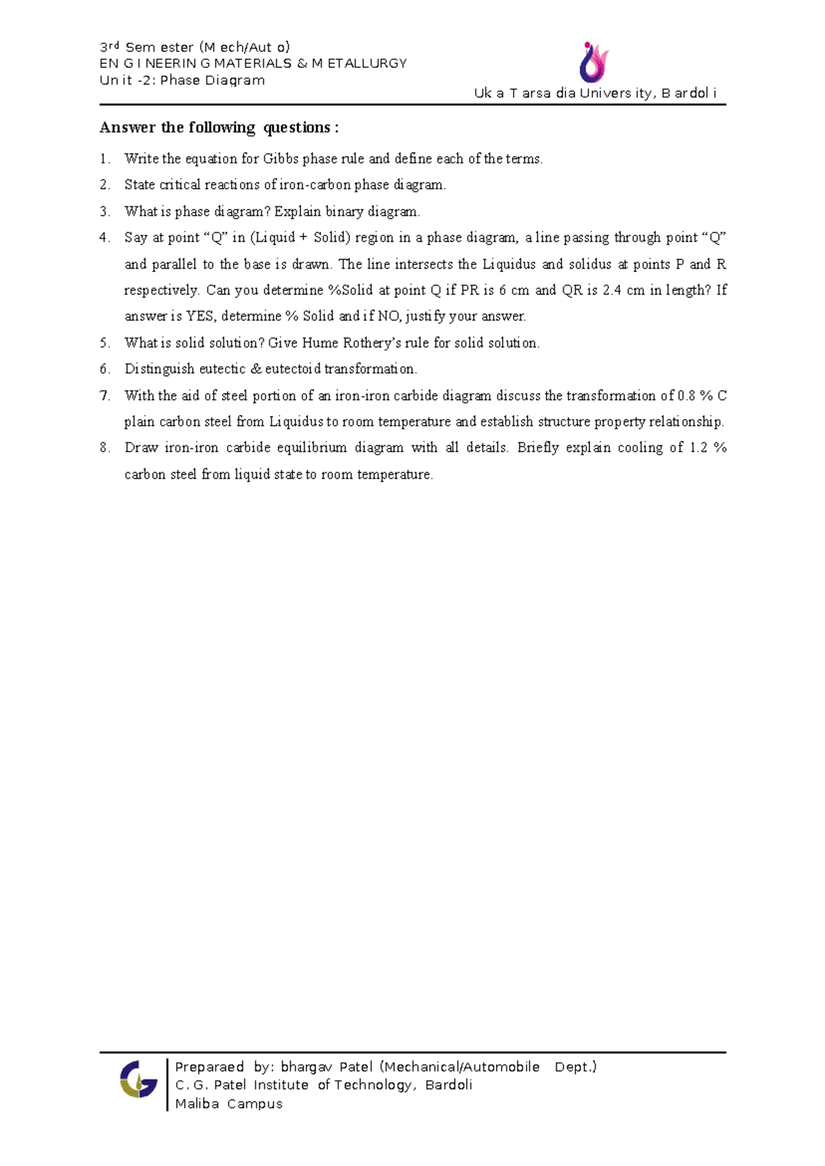 02. Assignment EMM - Phase Diagram - Answer the following questions : 1 ...