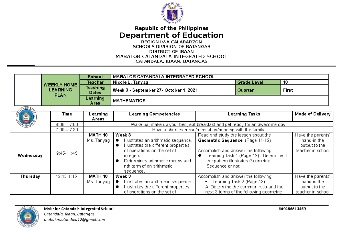 G9 -3rd-Weekly-Home-Learning-Plan - Republic of the Philippines Department of Education REGION ...