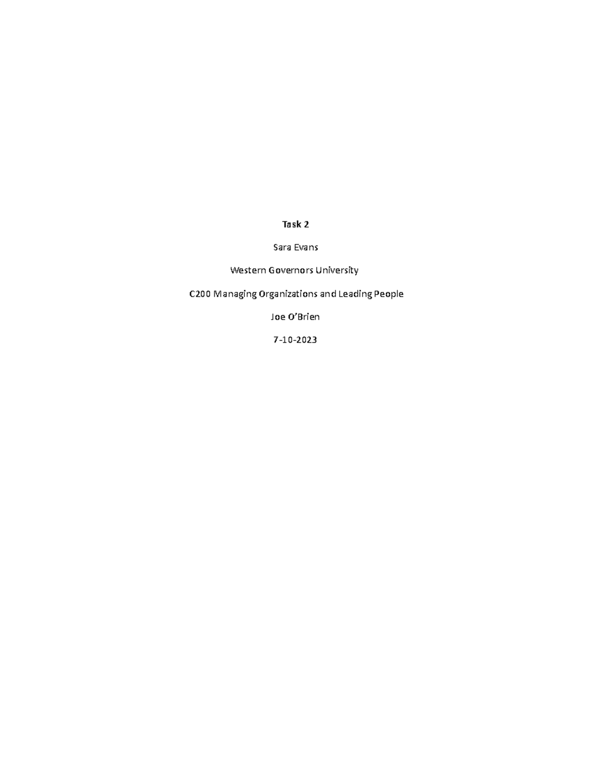 Task 2 C200 passed - Task 2 Sara Evans Western Governors University ...