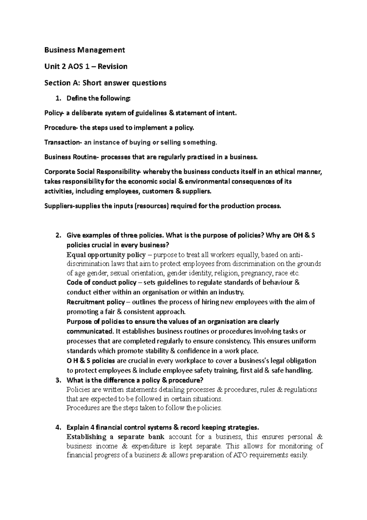BM AOS 1 SAC 1 Revision model answers - Business Management Unit 2 AOS ...