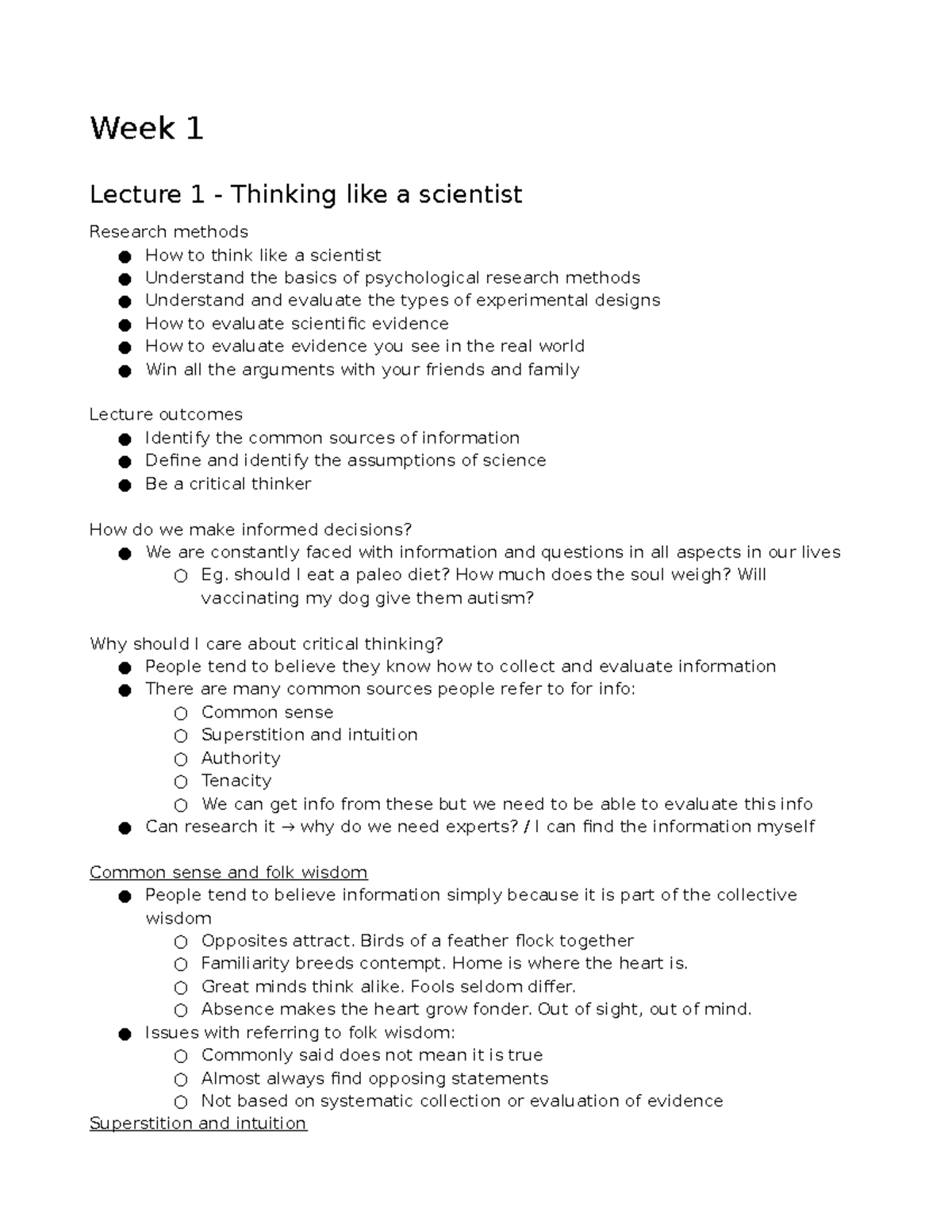 PSYC1111 Notes - Week 1 Lecture 1 - Thinking like a scientist Research ...