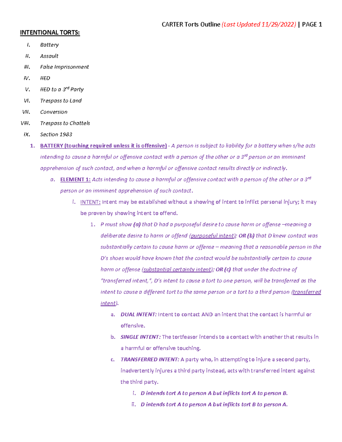 Intentional Torts Outline - INTENTIONAL TORTS: I. Battery II. Assault ...