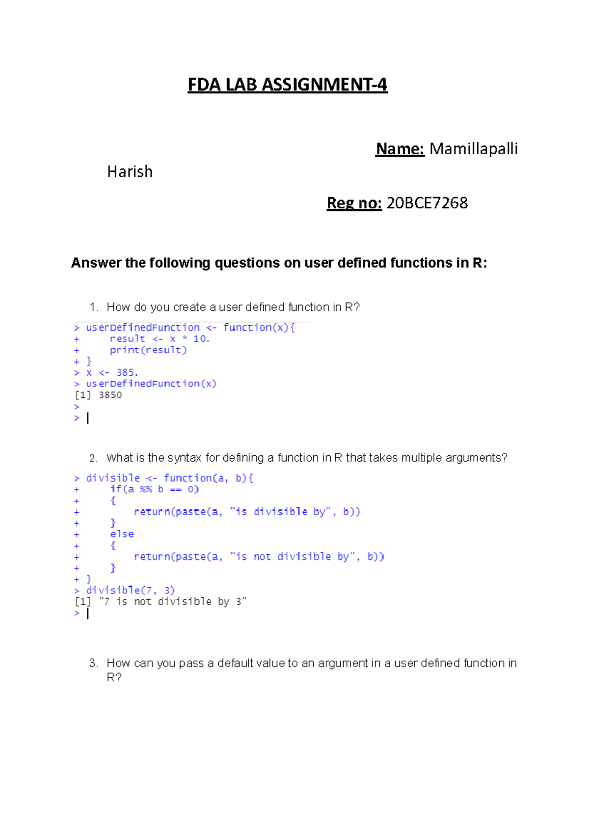 Fda lab4 - lab assignments - FDA LAB ASSIGNMENT- Name: Mamillapalli ...