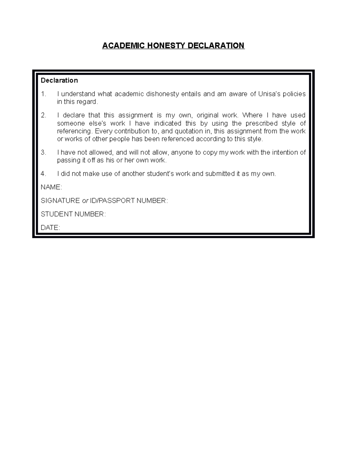 Academic Honesty Declaration - ACADEMIC HONESTY DECLARATION Declaration ...