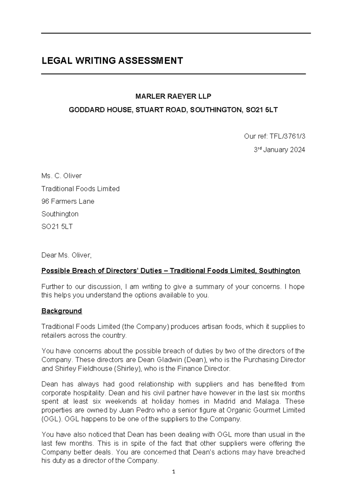 Legal Writing Assessment - LEGAL WRITING ASSESSMENT MARLER RAEYER LLP ...