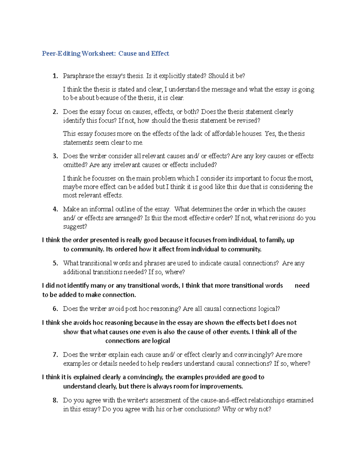 Peer-Editing Worksheet Cause and Effect - Peer-Editing Worksheet: Cause and Effect Paraphrase ...