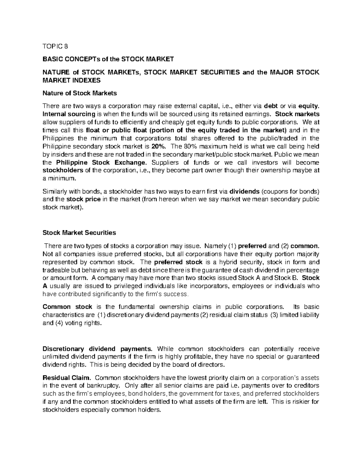 Finance Pre-Finals Reviewer - TOPIC 8 BASIC CONCEPTs of the STOCK ...