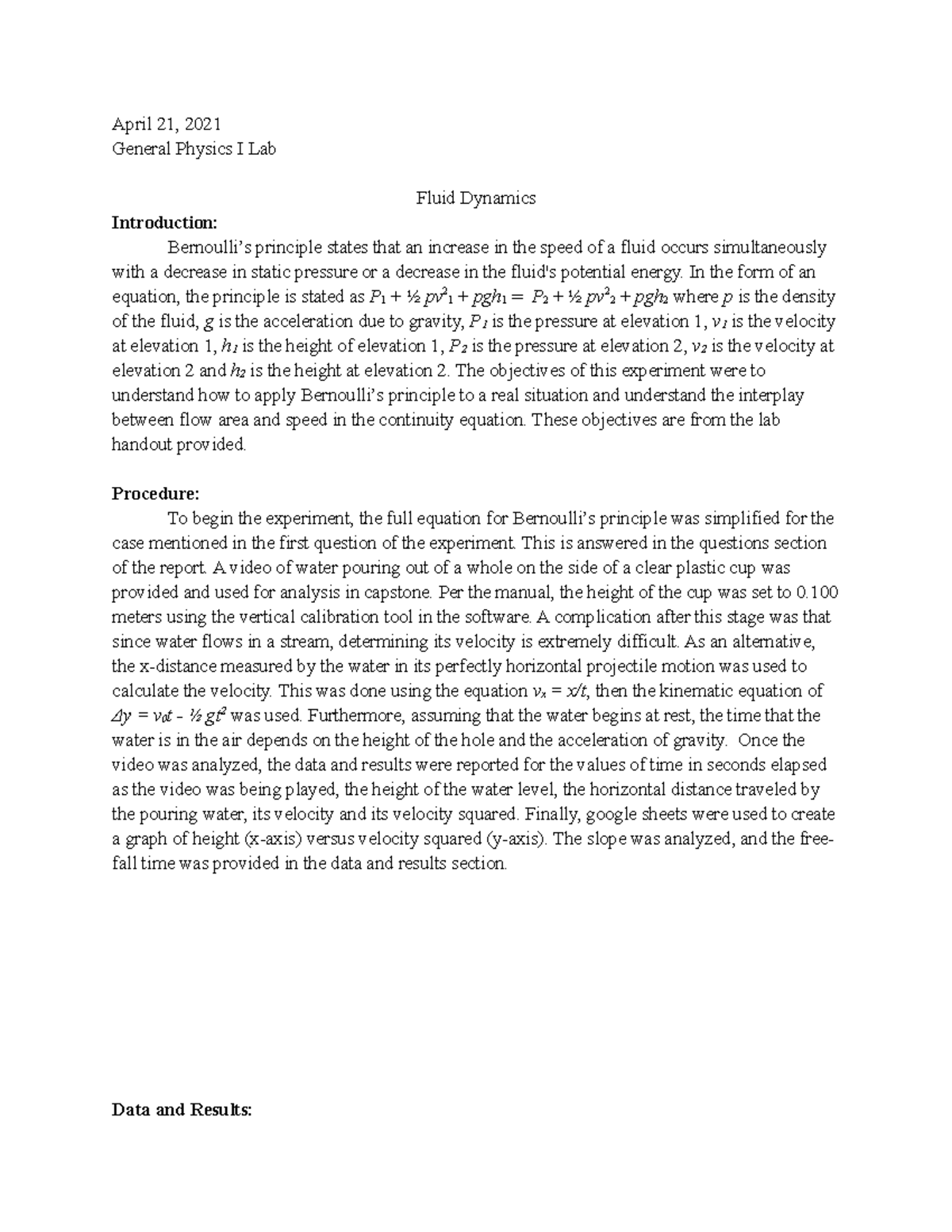 Lab 12 Fluid Dynamics - April 21, 2021 General Physics I Lab Fluid ...