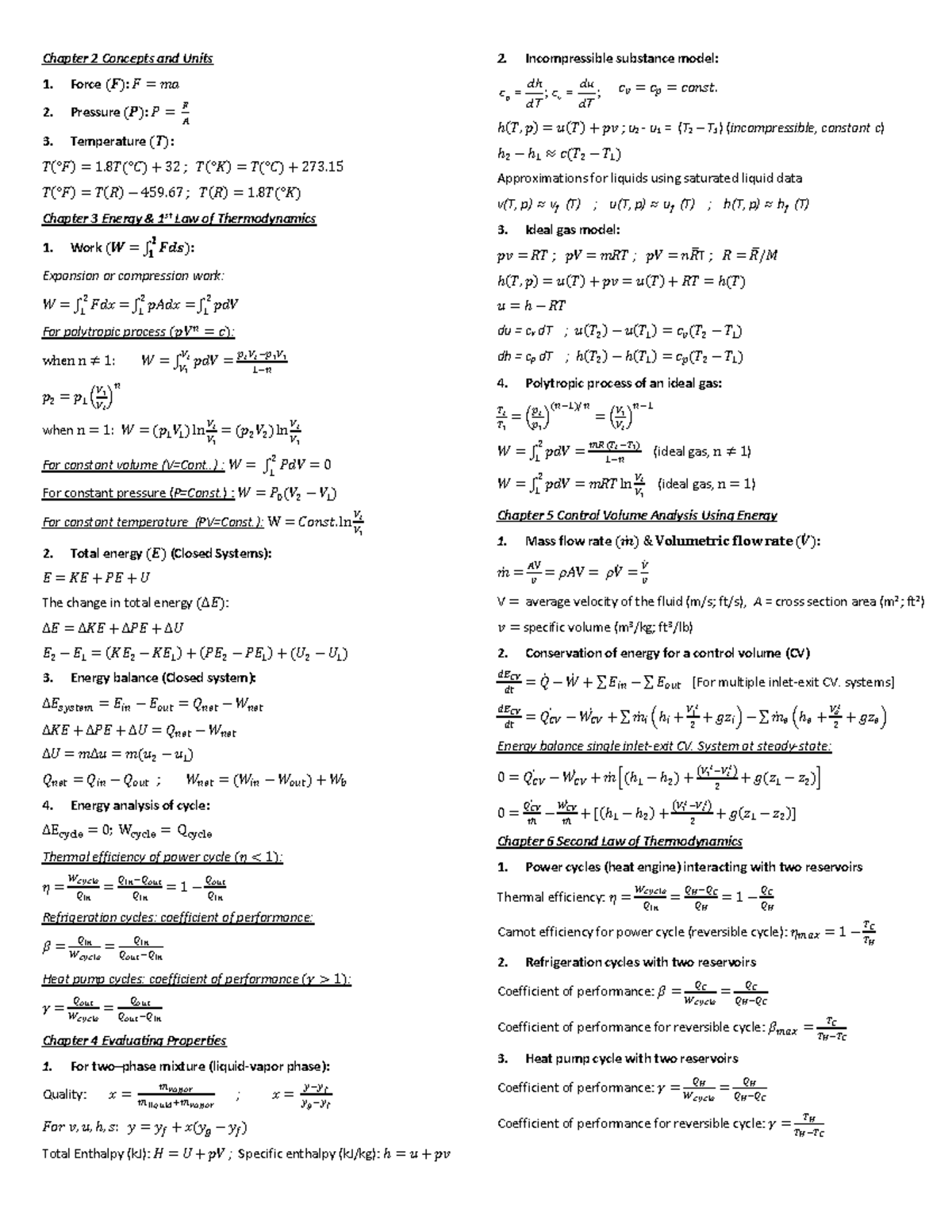 Reference Equations Sheet - Chapter 2 Concepts and Units Force (푭): 퐹 ...