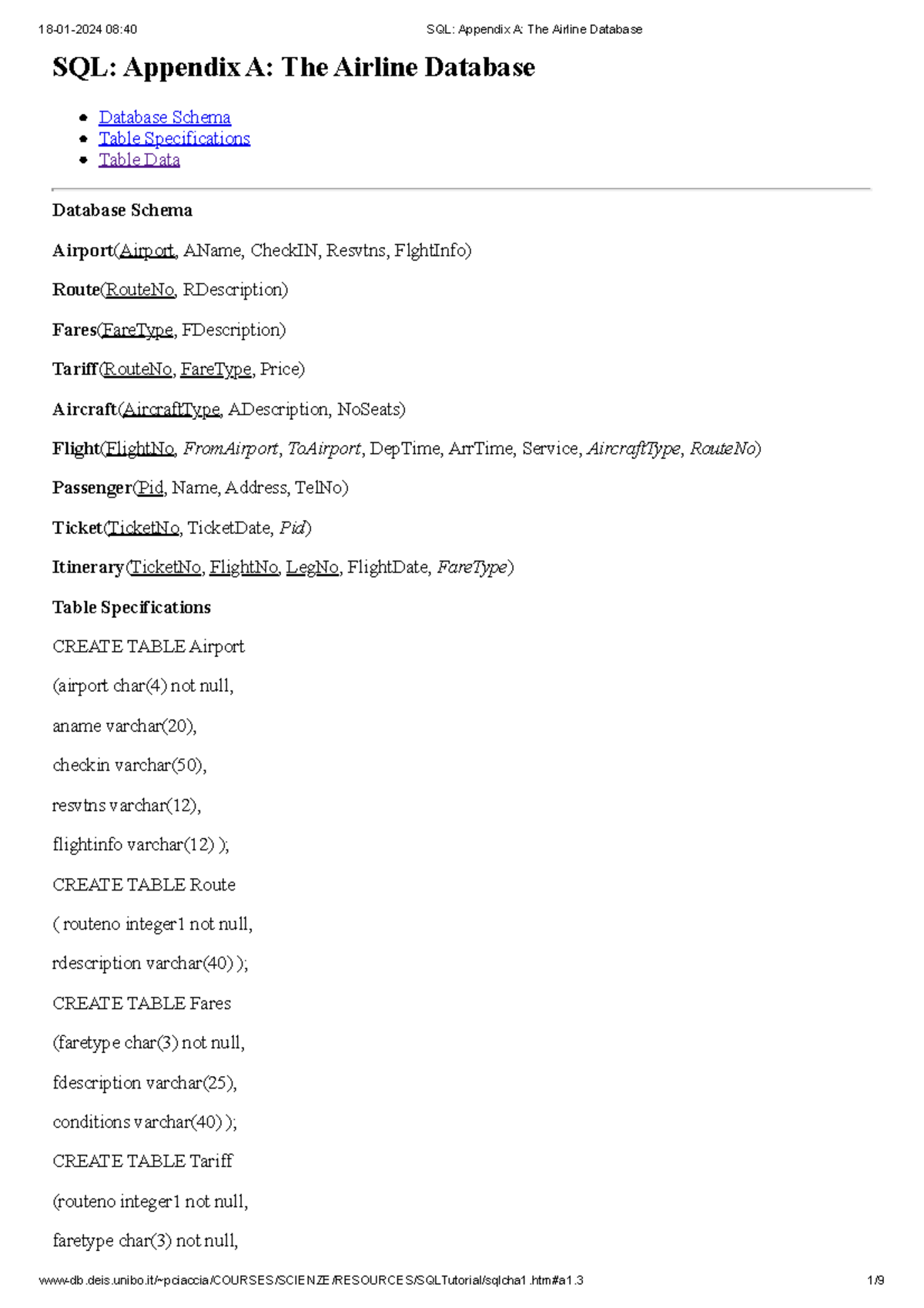 SQL Appendix A The Airline Database - SQL: Appendix A: The Airline Database Database Schema ...