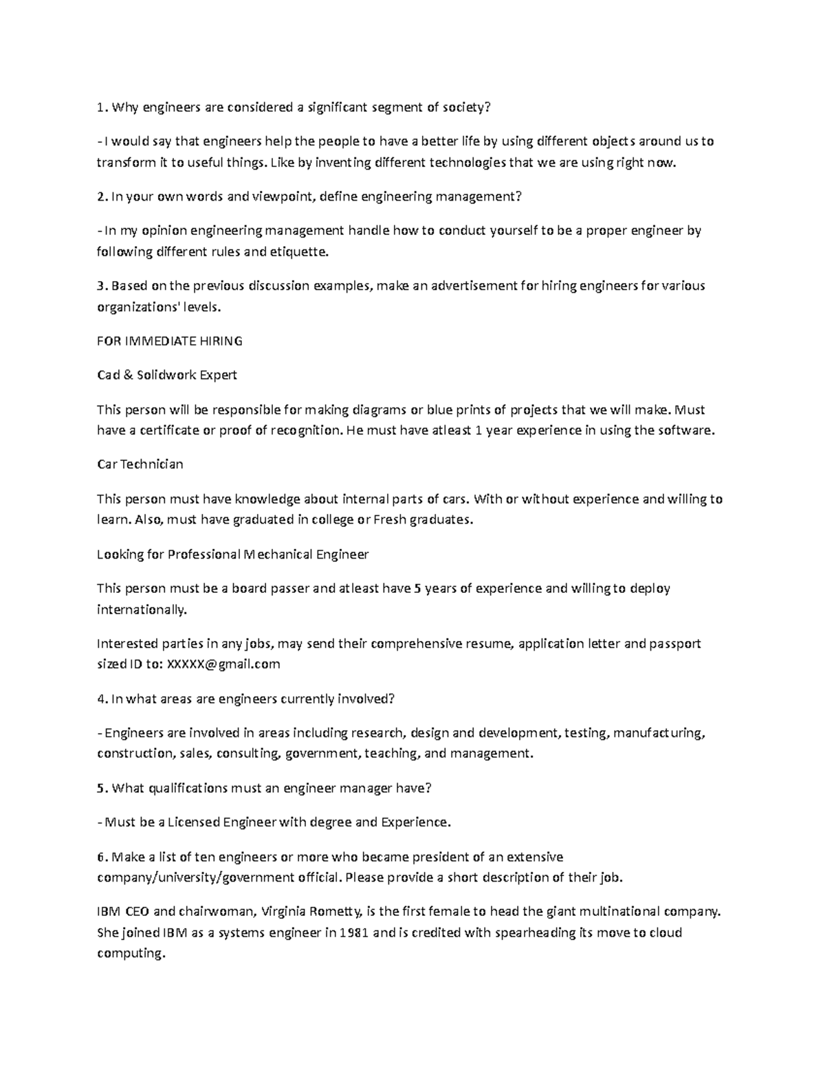 ENGINEERING QUESTIONAIRE - Why engineers are considered a significant ...