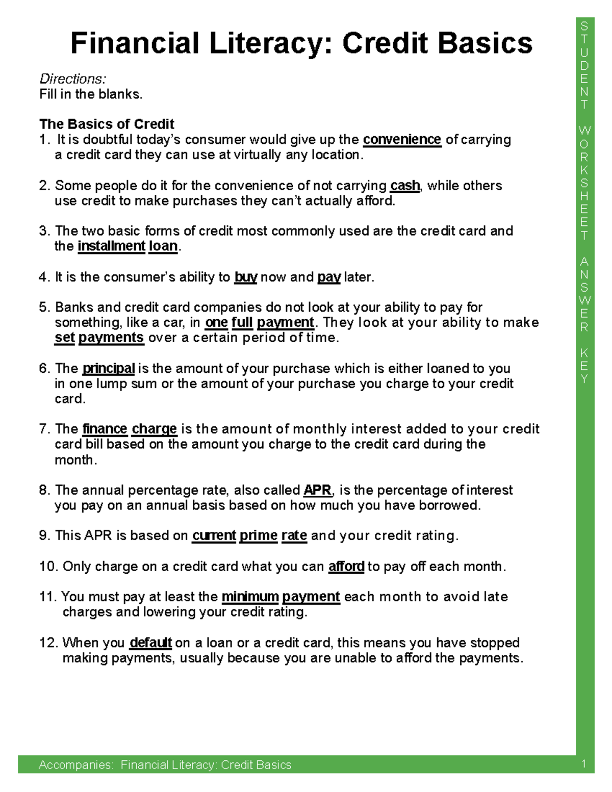 Financial worksheet - T U D E N T W O R K S H E E T A N S W E R K E Y ...