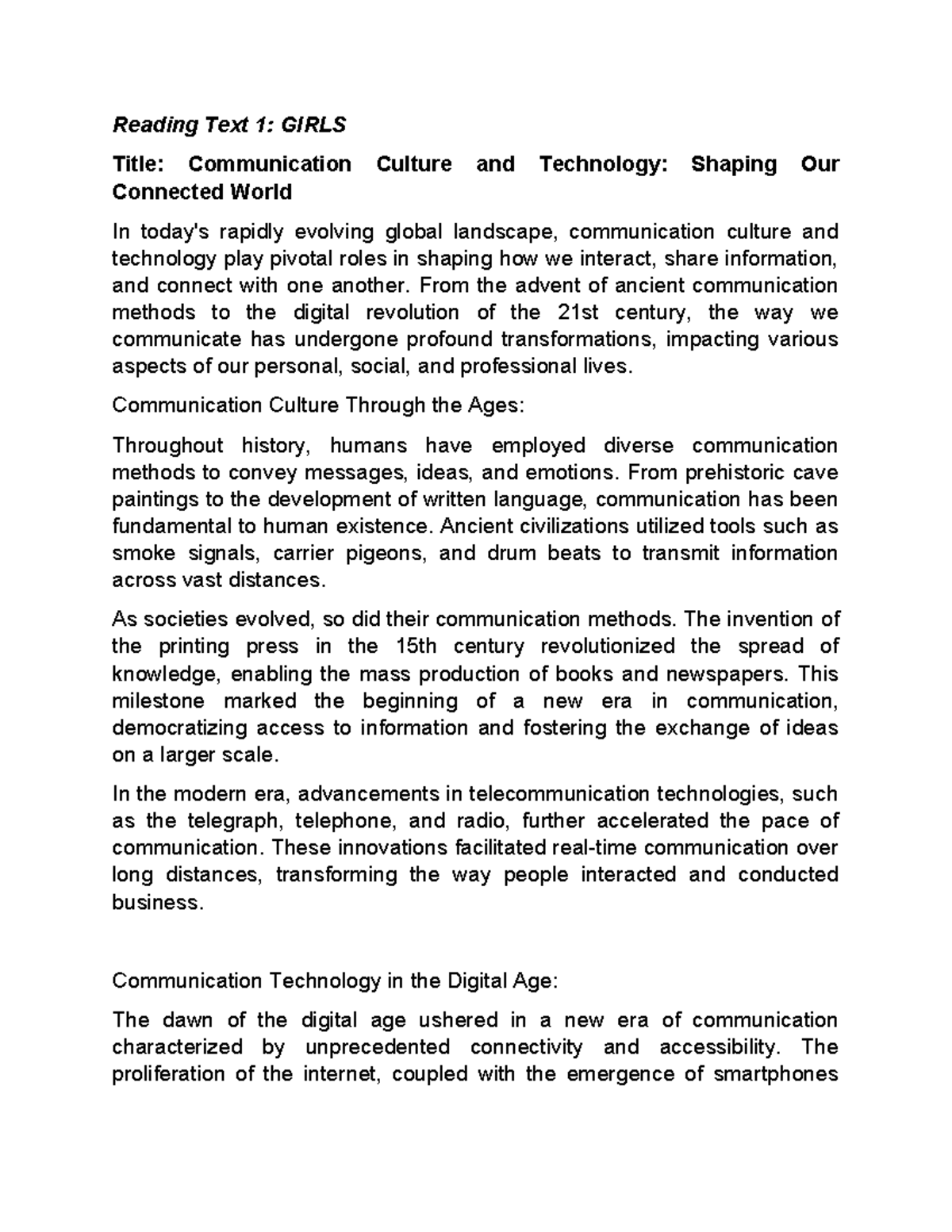 Communication Culture and Communication Technology - Reading Text 1 ...