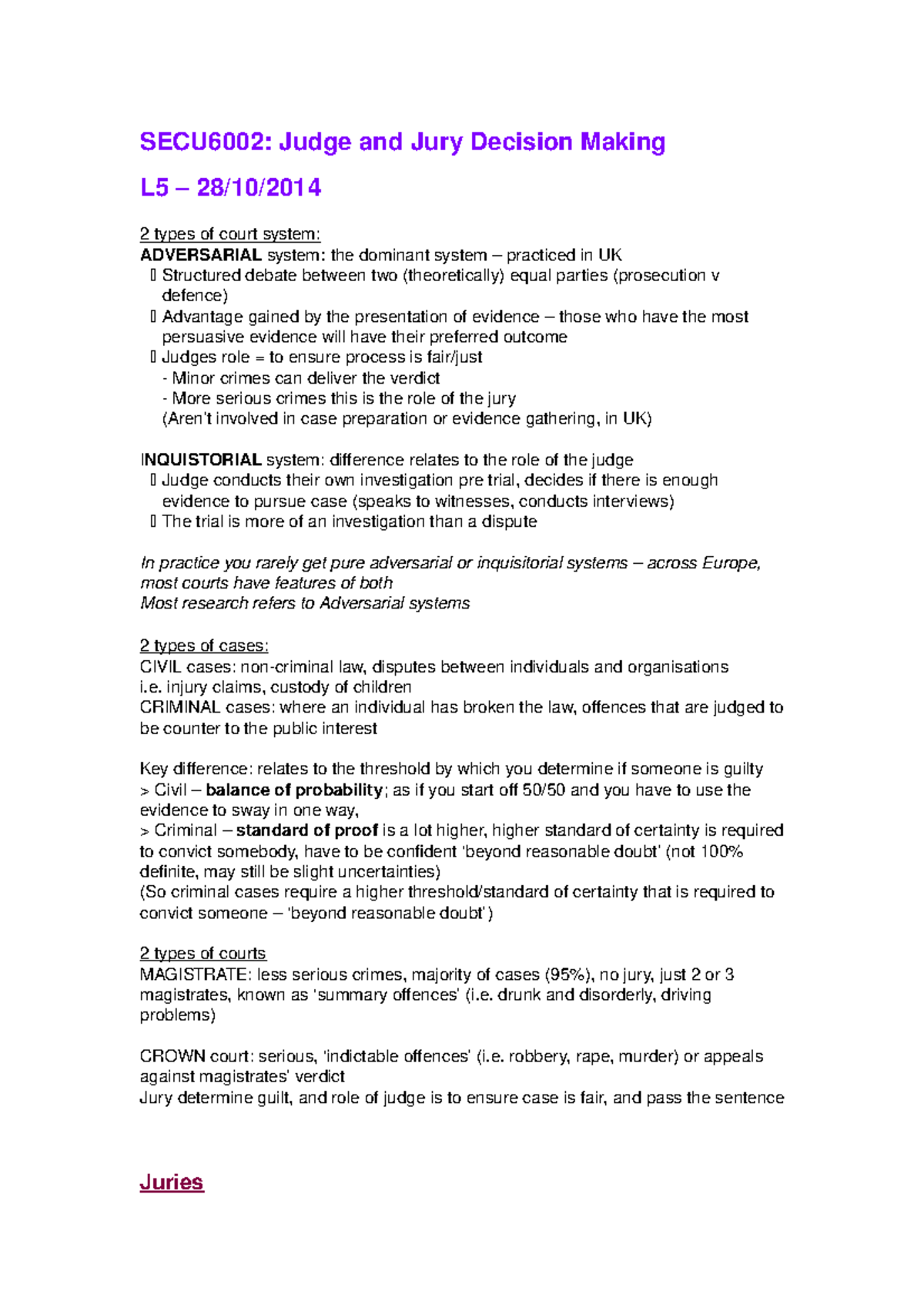 Lecture 5 - Judges and Jurys - SECU6002: Judge and Jury Decision Making ...