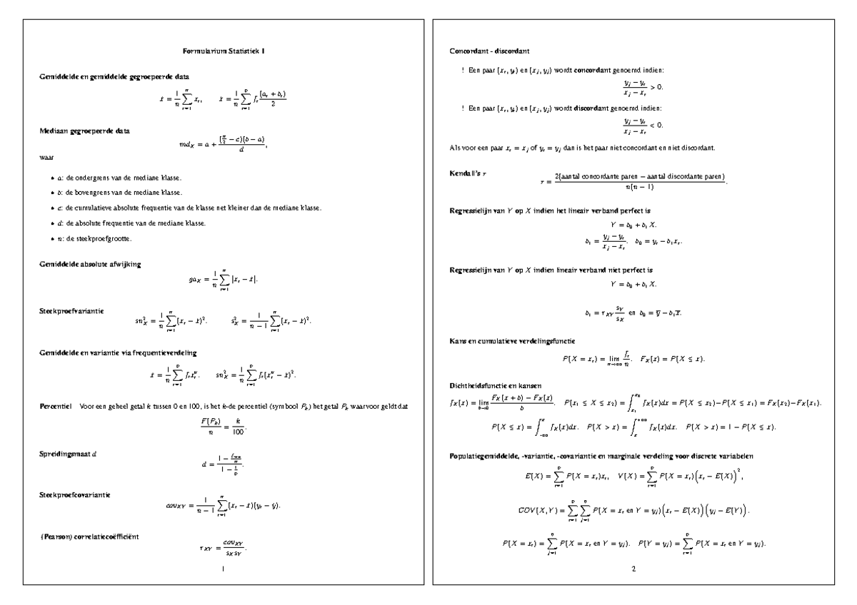 Formularium voor examen statistiek 1 - Formularium Statistiek I ...