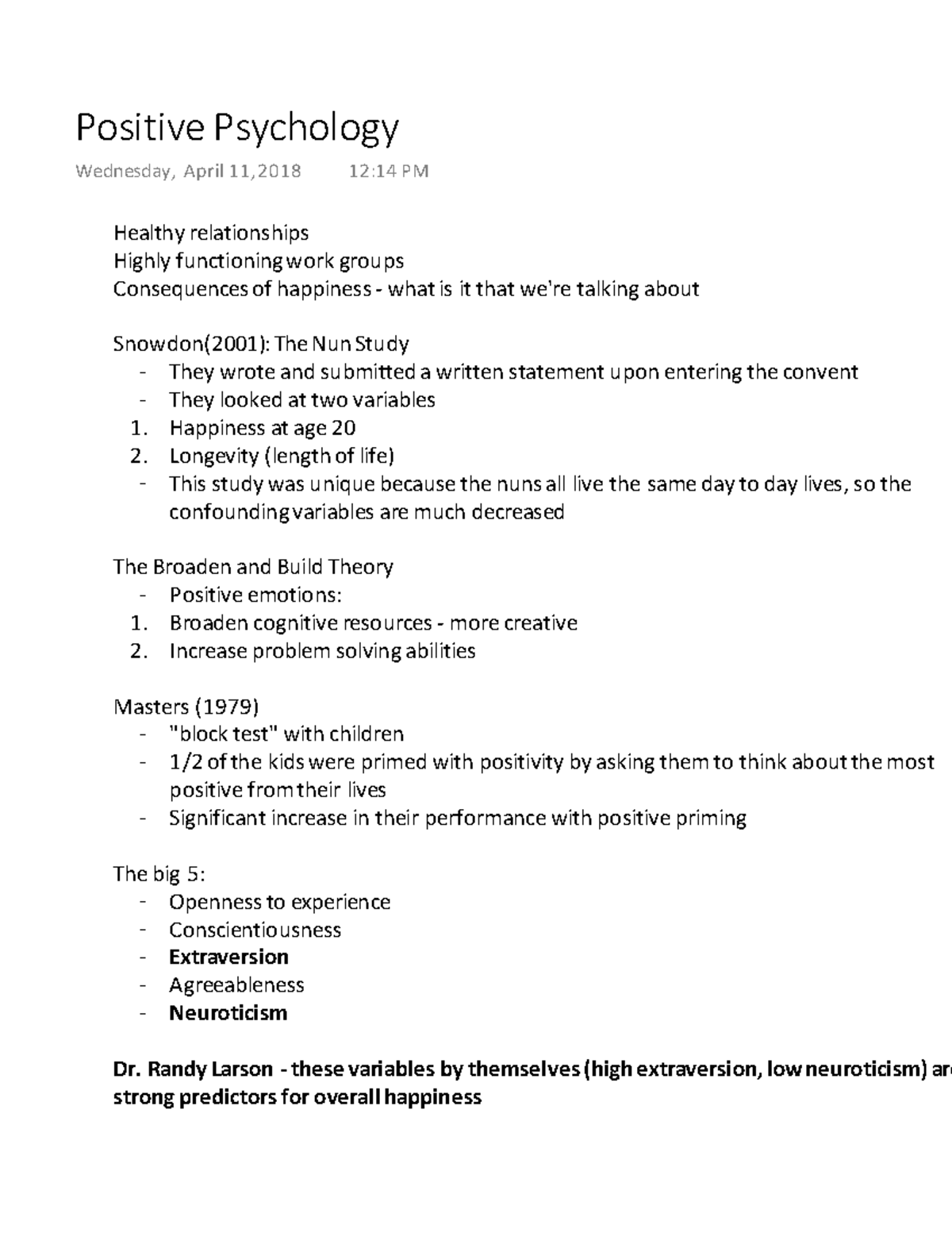 Positive Psychology - Lecture notes 24 - Positive Psychology Wednesday ...