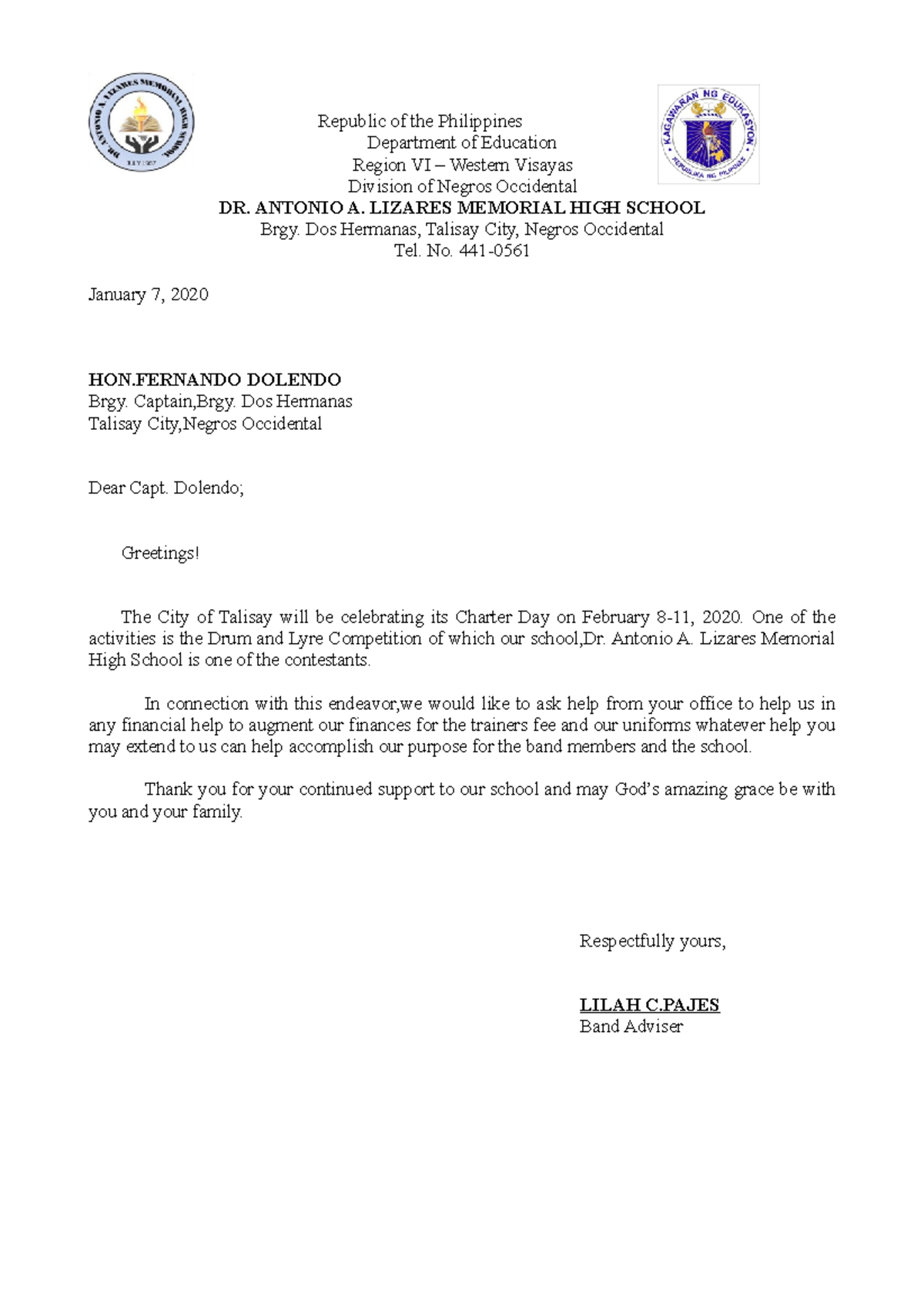 Band letter - None - Department of Education Region VI – Western ...