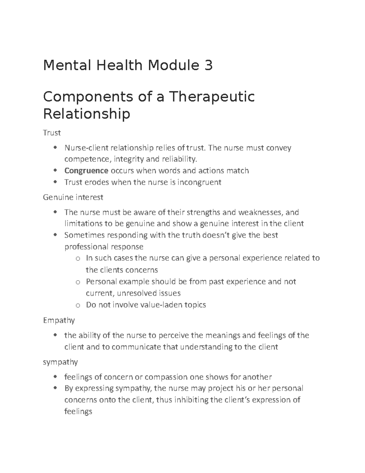 Mental Health Module 3 - The nurse must convey competence, integrity ...