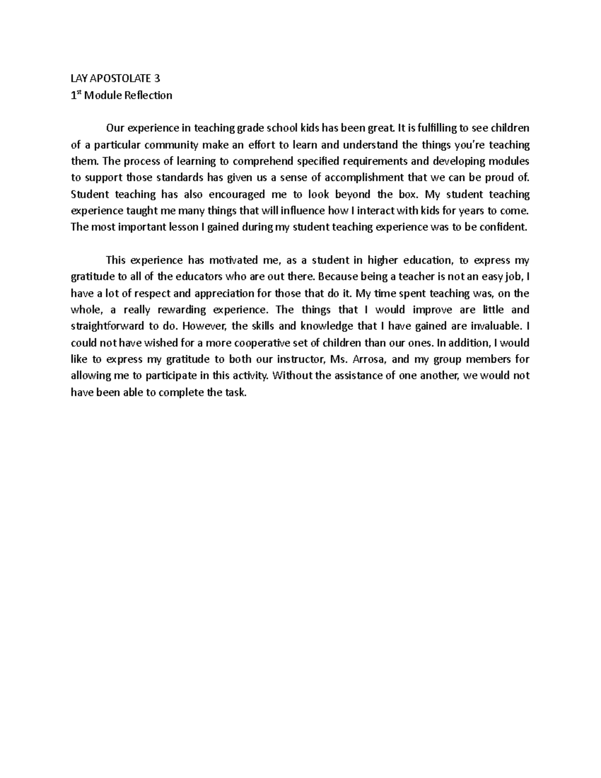 1st Module Reflection - LAY APOSTOLATE 3 1 st Module Reflection Our ...