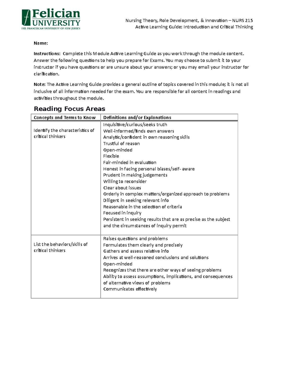 215 Module 1 - Active Learning Guide Introduction and Critical Thinking ...