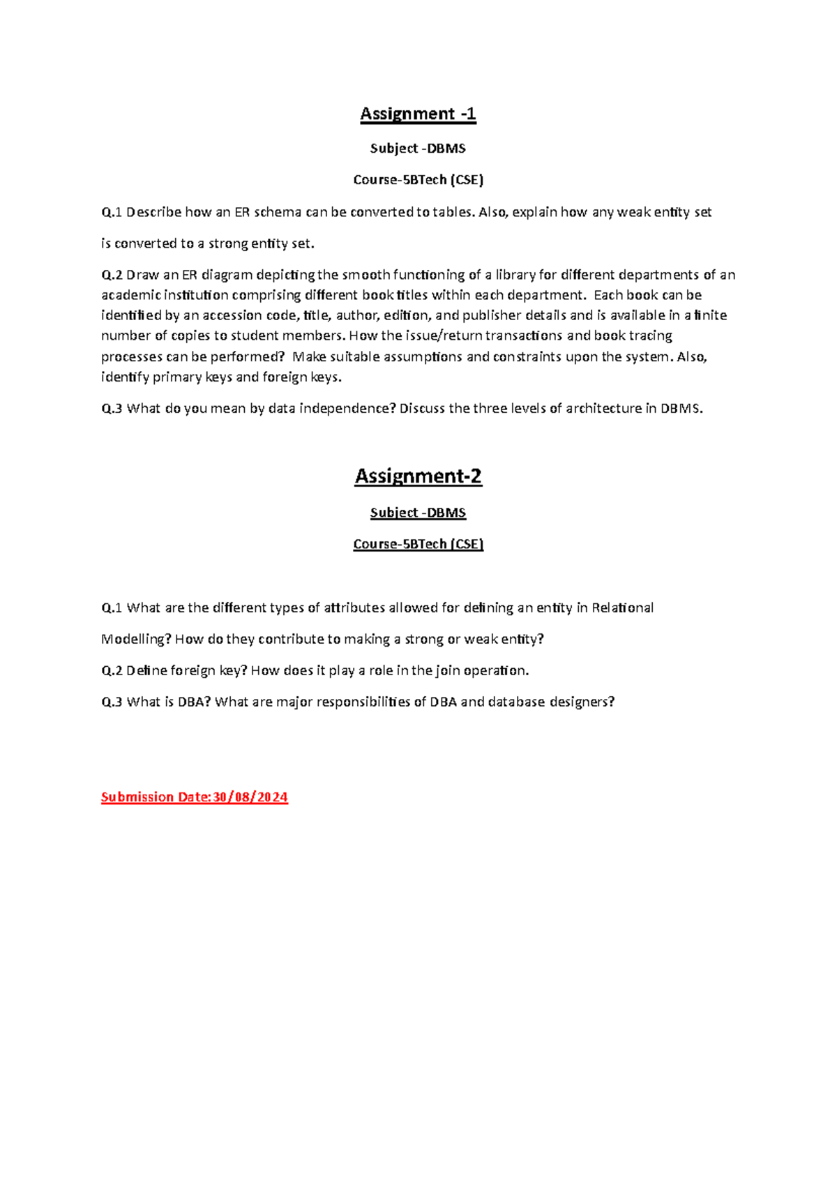 5 Btech Dbms Assignment Assignment 1 Subject Dbms Course 5 Btech Cse Q Describe How An