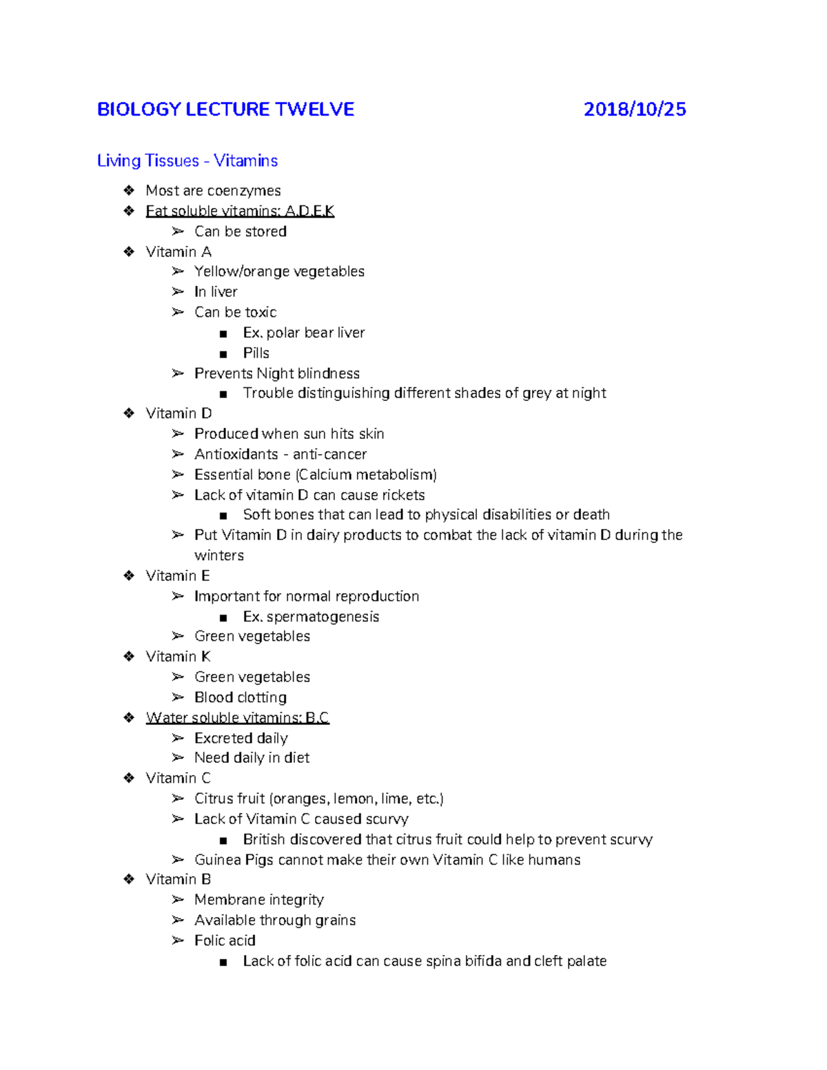 Biology lecture notes - BIOLOGY LECTURE TWELVE 2018/10/ Living Tissues ...