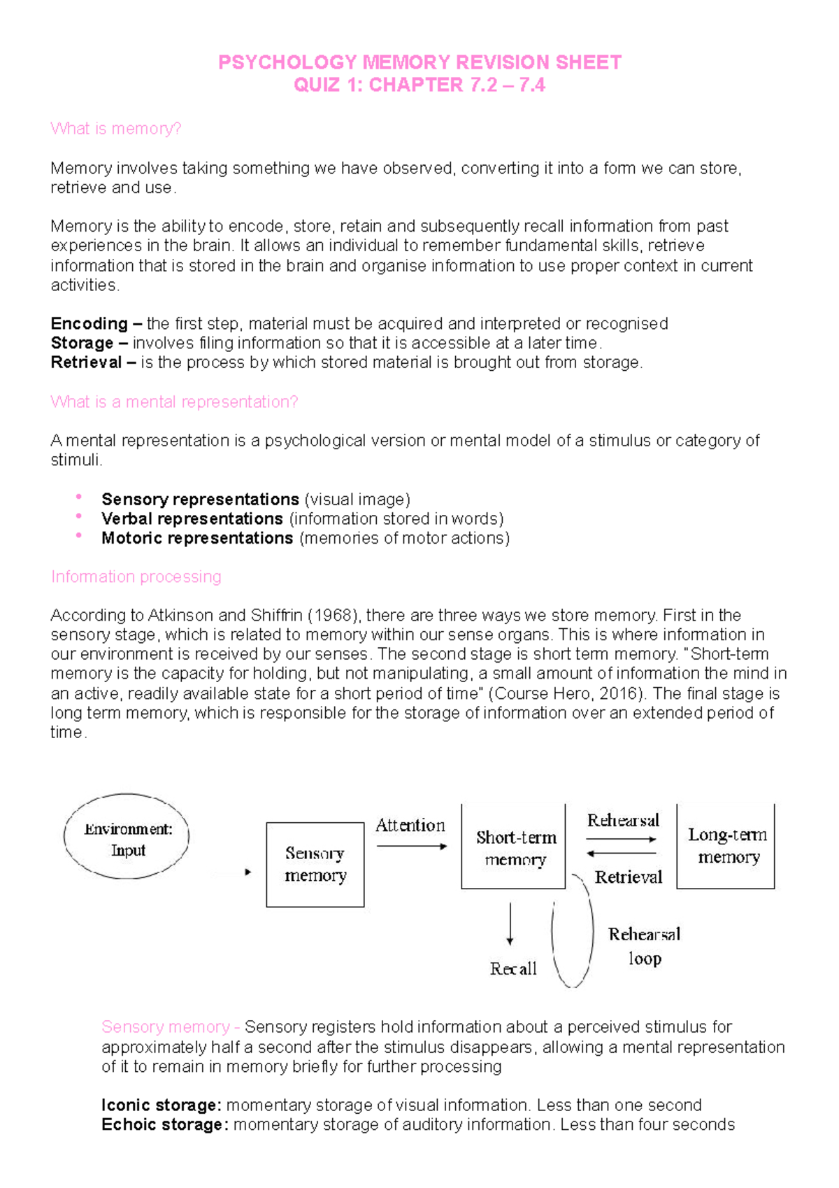 Psychology Memory Revision Sheet - quiz 1 - PSYCHOLOGY MEMORY REVISION ...