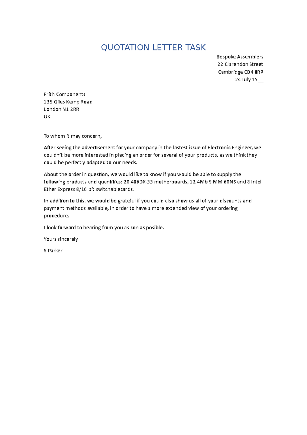 Quotation Letter TASK - QUOTATION LETTER TASK Bespoke Assemblers 22 ...