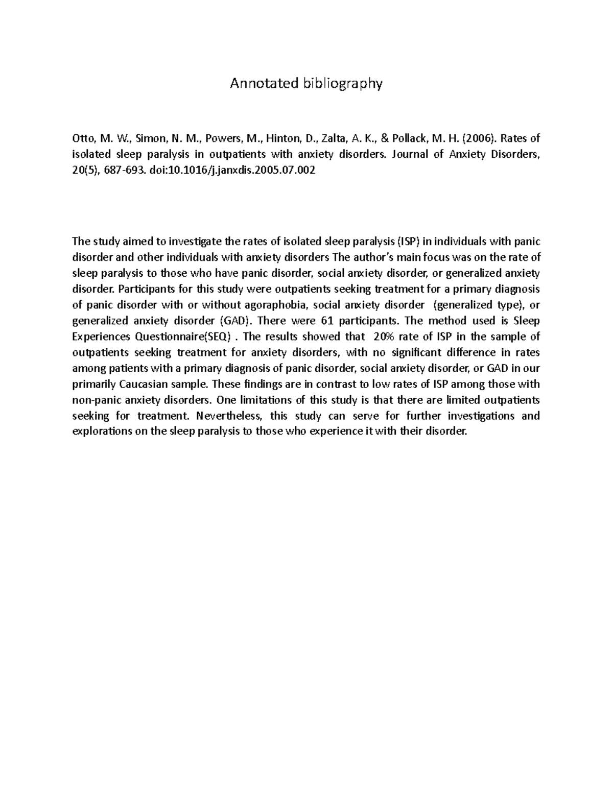 1 Annotated bibliography - Annotated bibliography Otto, M. W., Simon, N ...