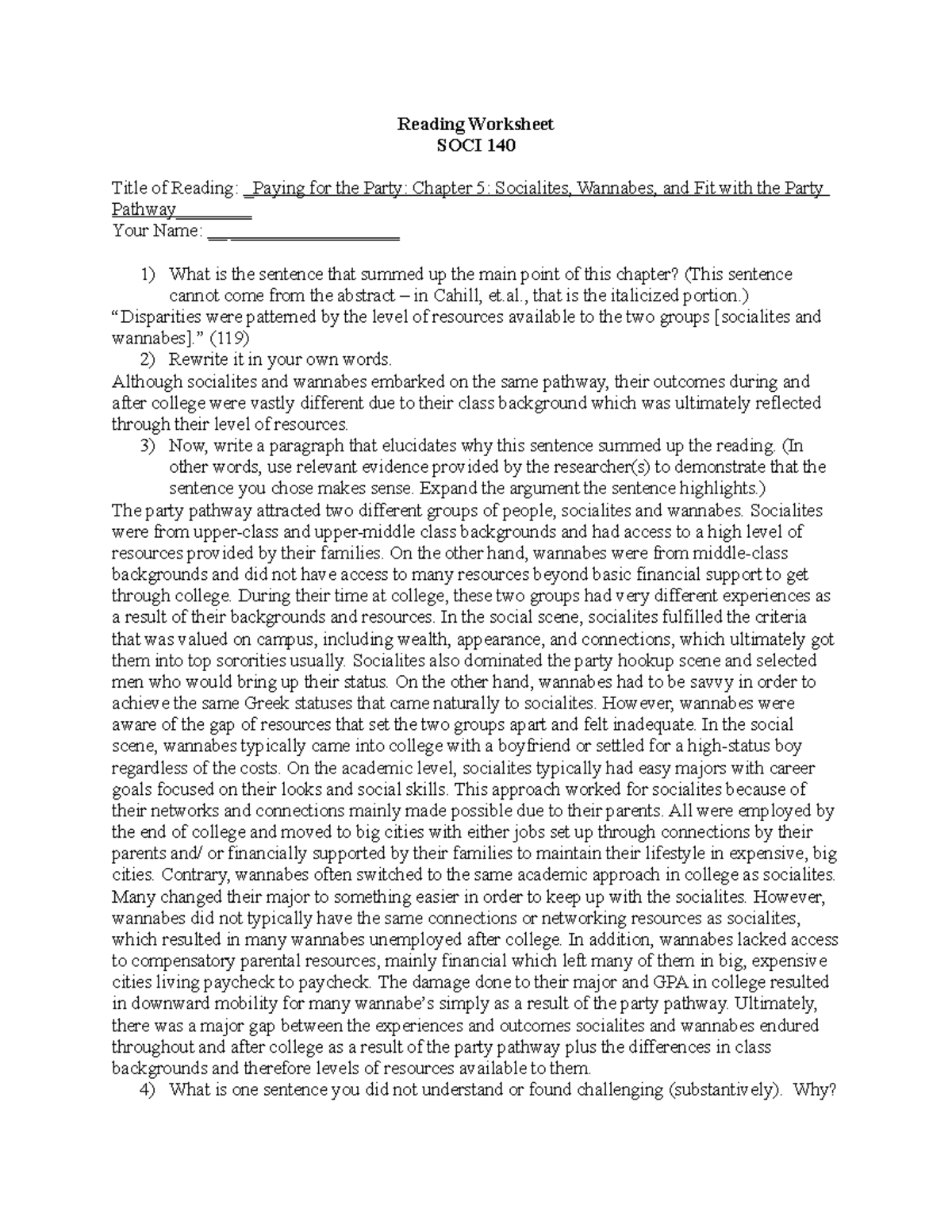 Chapter 5 reading worksheet - Reading Worksheet SOCI 140 Title of ...