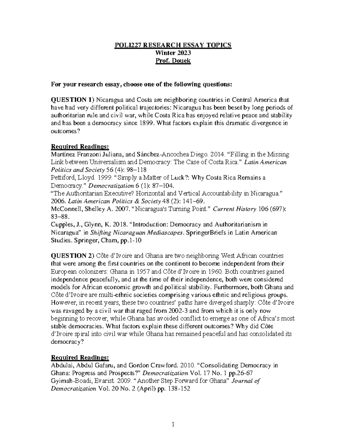 Essay Topics POLI227 - 2023 - 1 POLI227 RESEARCH ESSAY TOPICS Winter ...