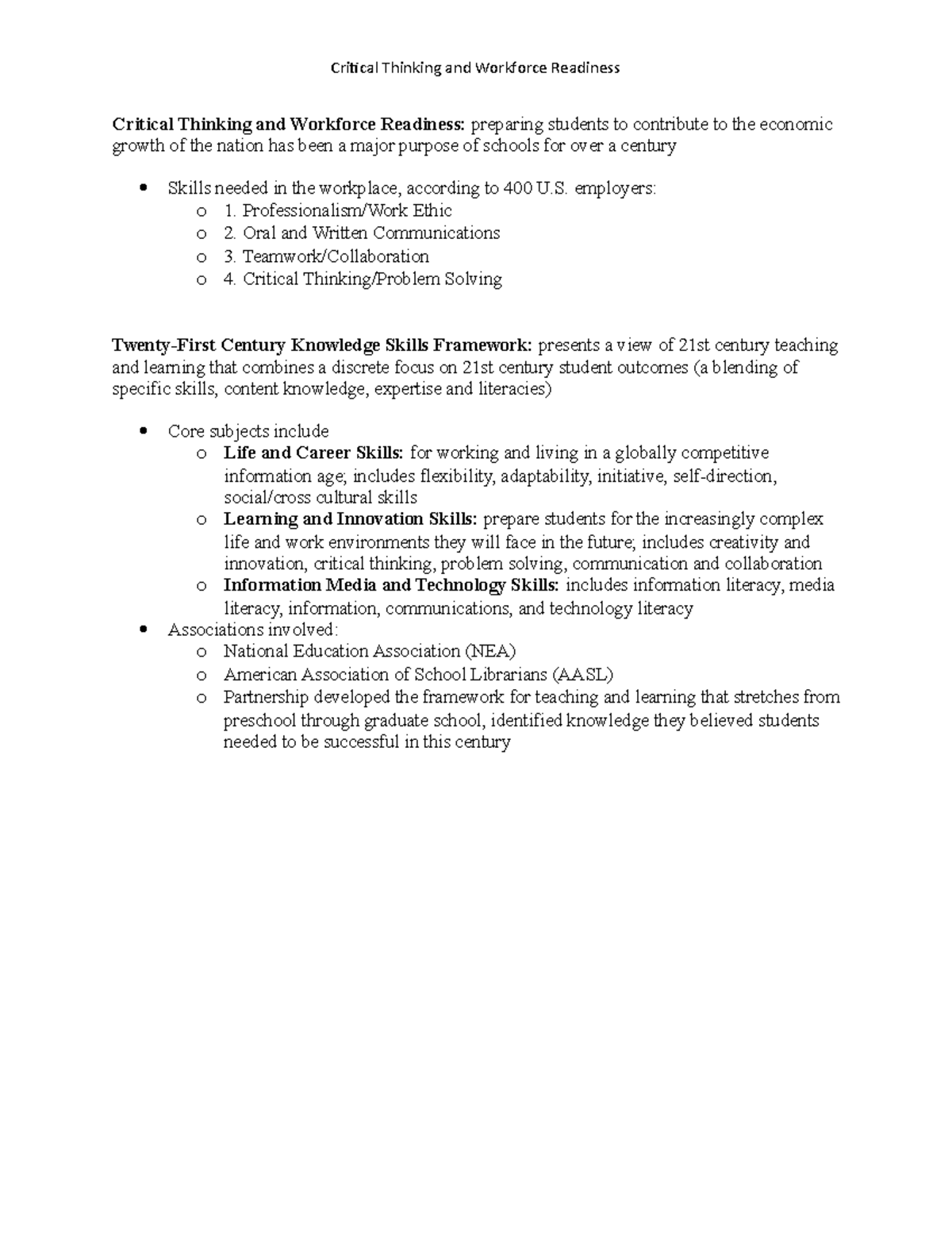 Critical Thinking and Workforce Readiness - employers: o 1 ...