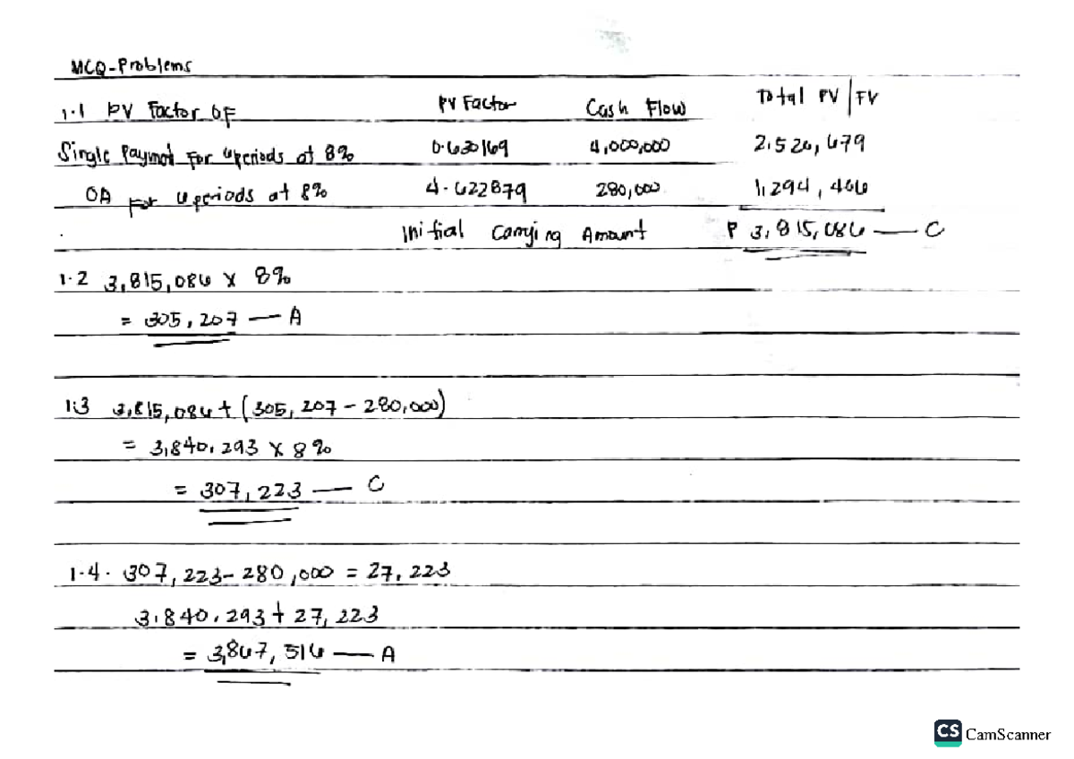 Chapter-14-MCQ-PROB Solution - 1 PV Factor OF PV Factor Cash Flow Total PV I FV Single Payment ...