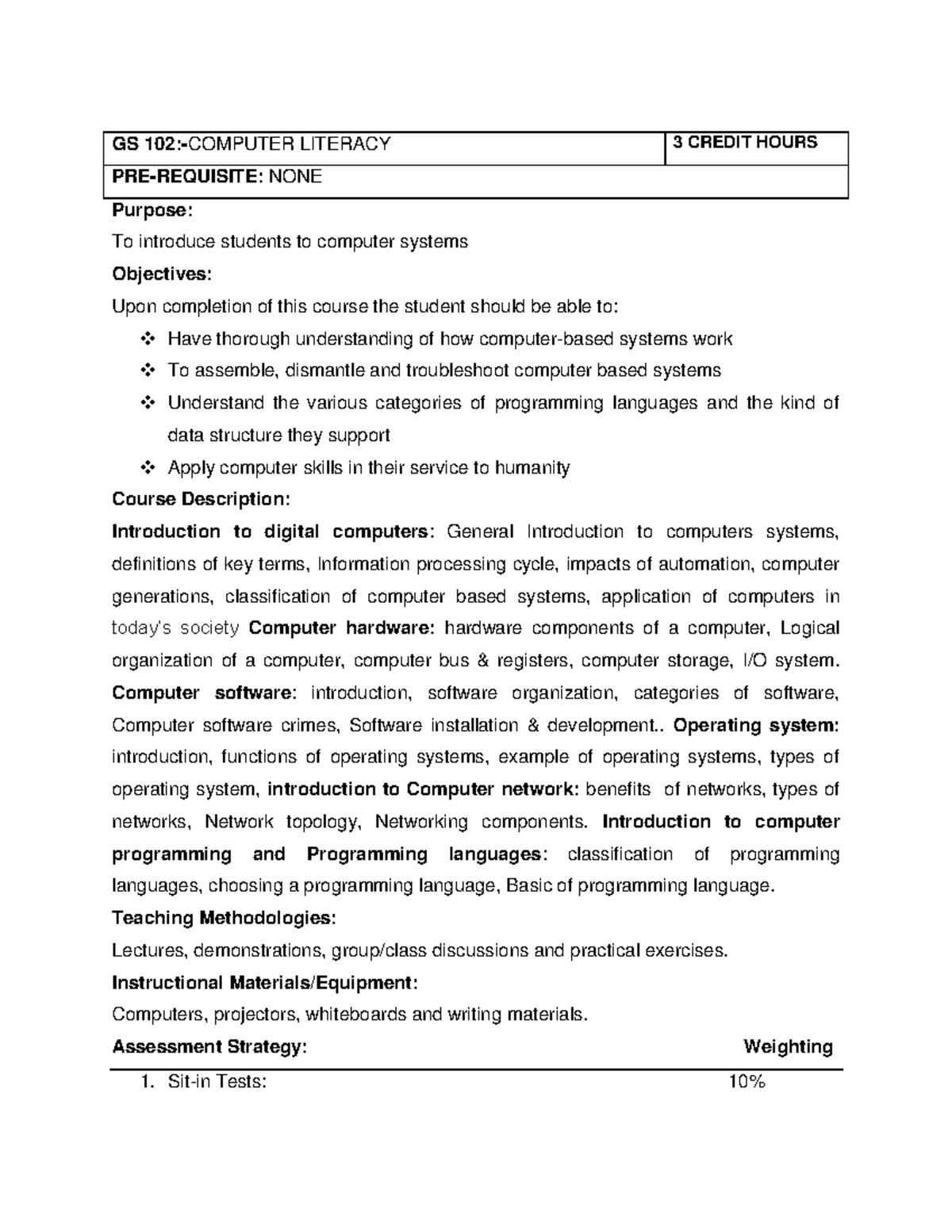 GS 102 Computer Literacy Course Content - GS 102:- COMPUTER LITERACY 3 ...