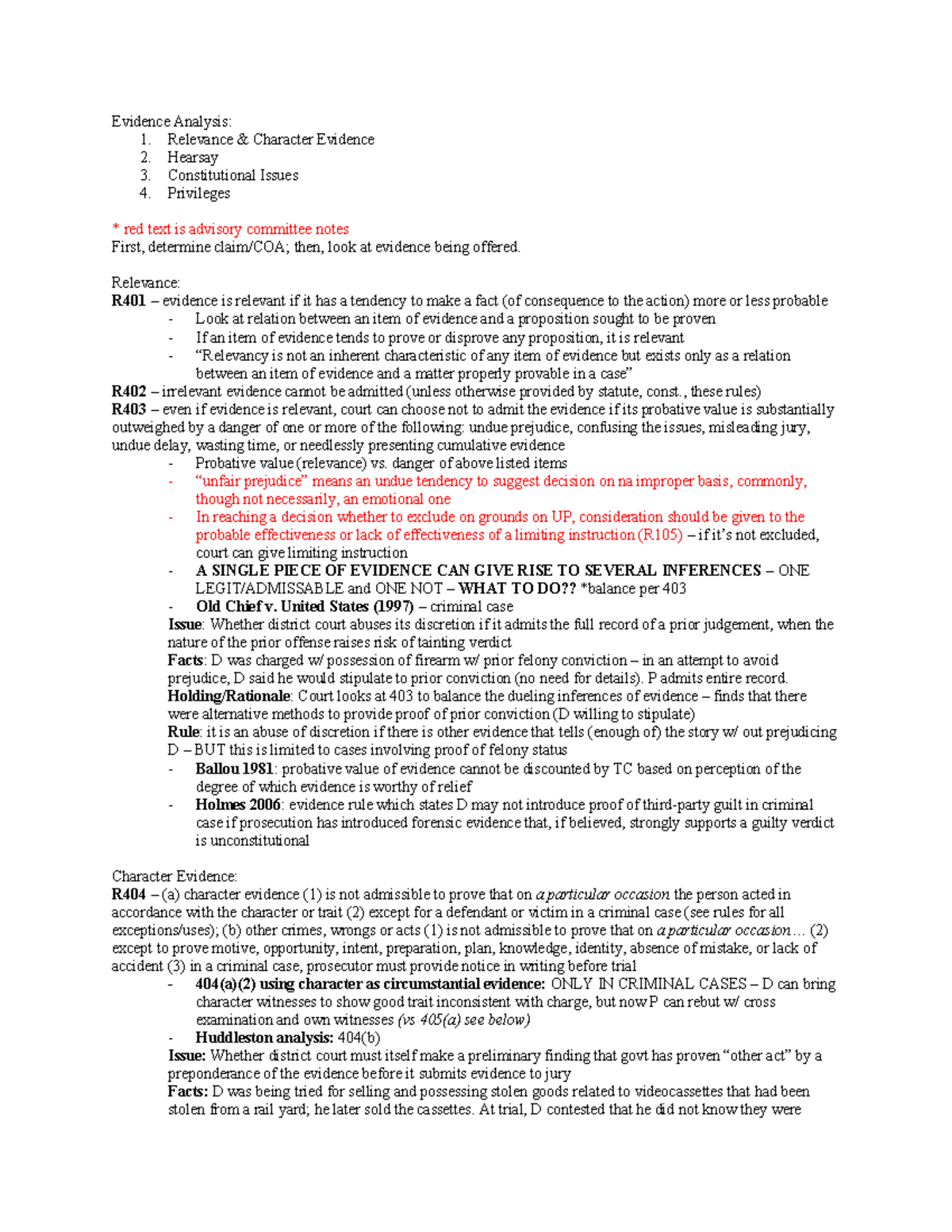Evidence Notes - relevance and hearsay - Evidence Analysis: 1 ...