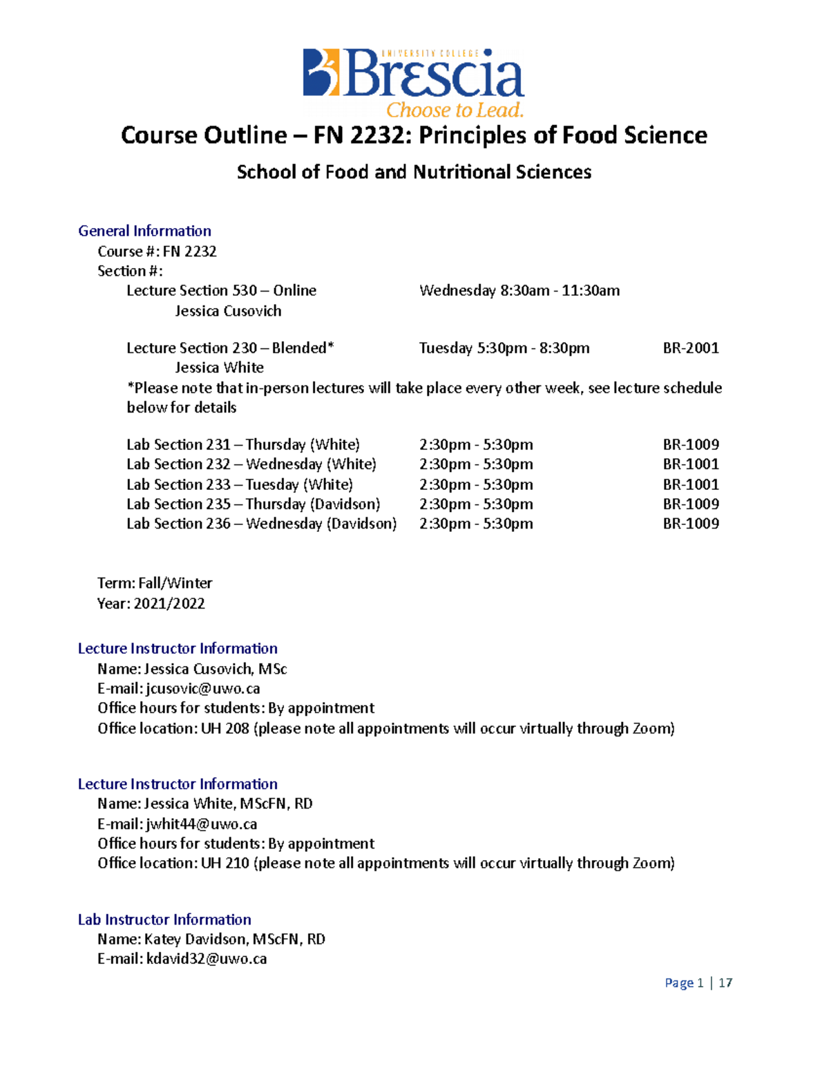 FN 2232 Course Outline Aug 29 2021 - Course Outline – FN 2232 ...