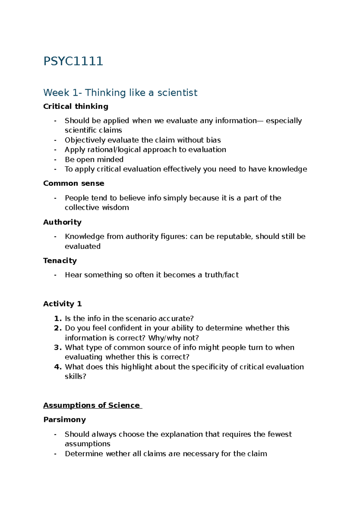 PSYC1111- Tutorial Notes - PSYC Week 1- Thinking like a scientist ...