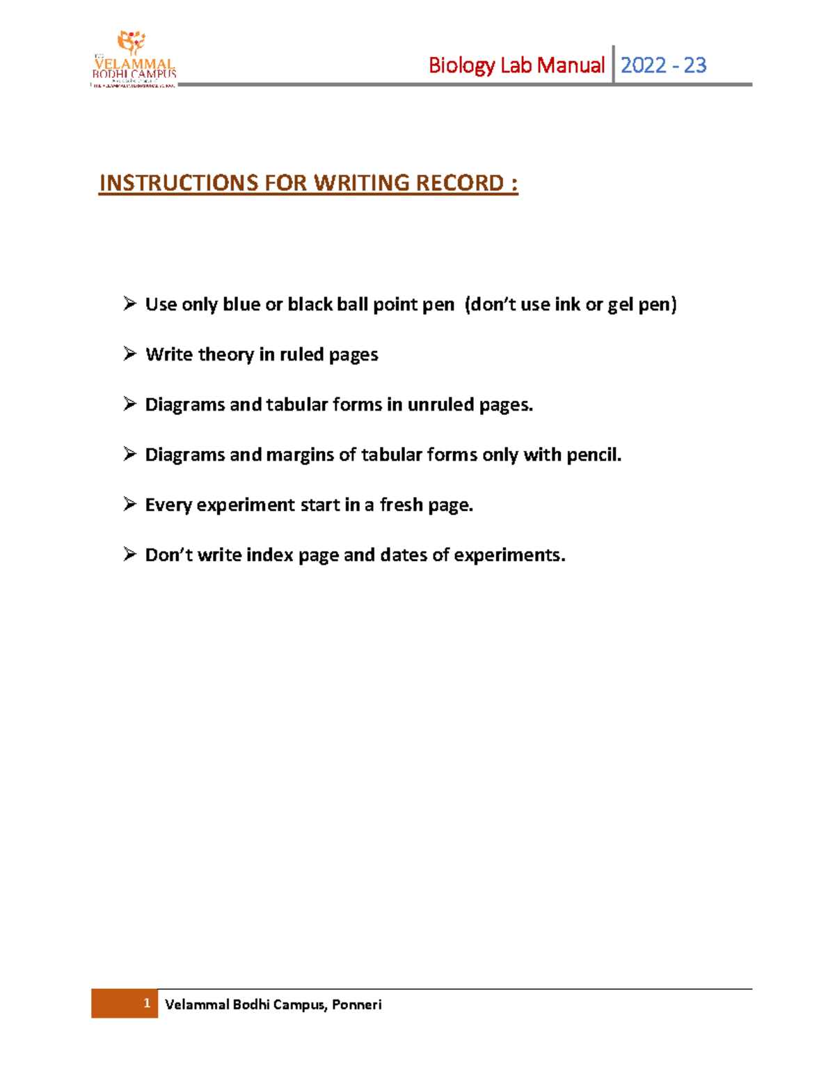 Biology LAB Manual- XII - 2022 - 23 - INSTRUCTIONS FOR WRITING RECORD ...