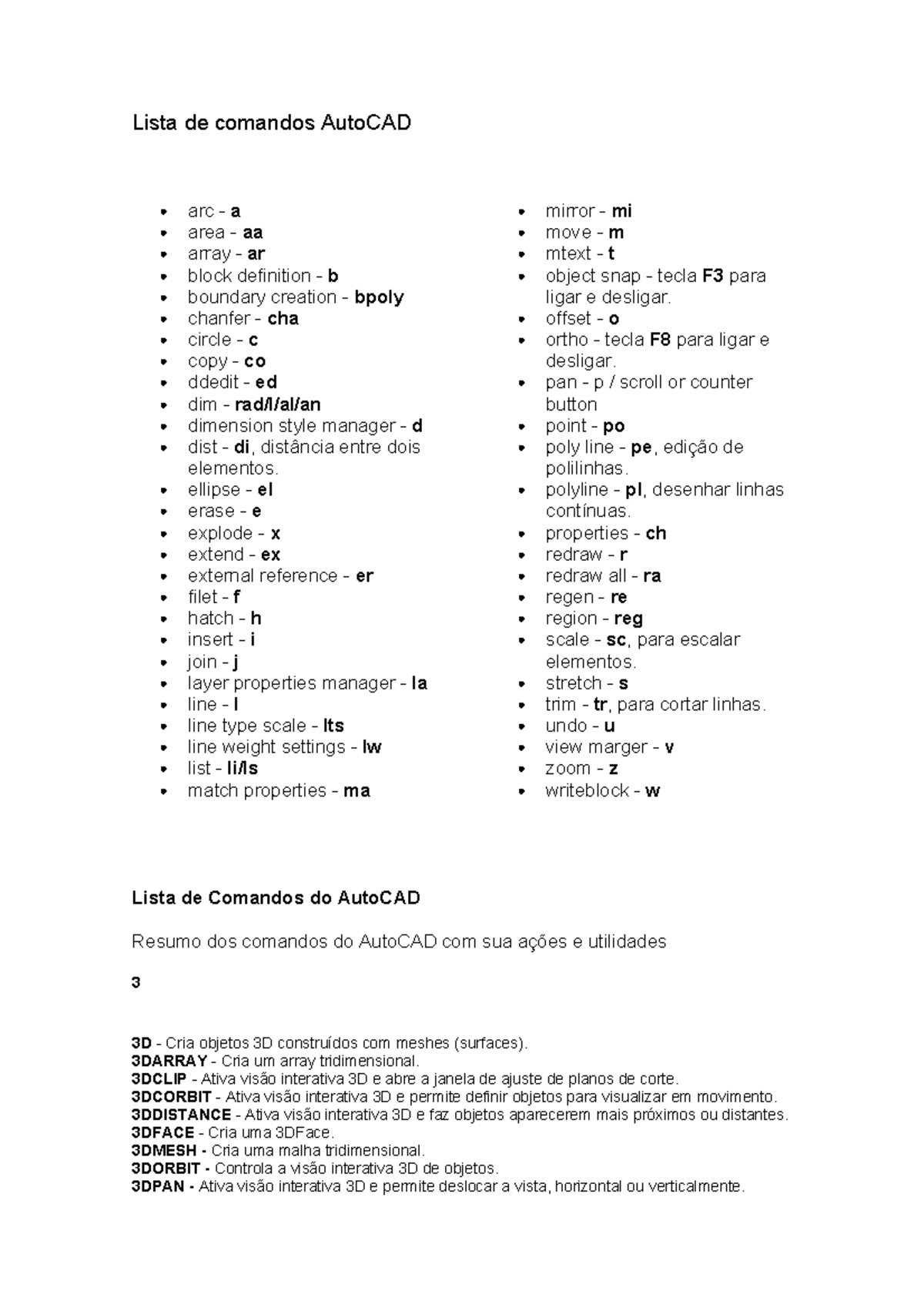 Comandos Autocad - Lista de comandos AutoCAD • arc - a • area - aa ...