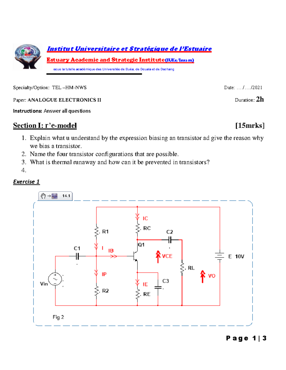 Second Semester Exam Analogue Electronics II - P a g e 1 | 3 Institut Universitaire et ...