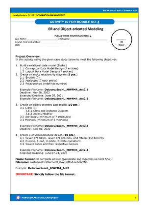 Your Name MWFM4 Act2 - PANGASINAN STATE UNIVERSITY Study Guide in CC105 - INFORMATION MANAGEMENT ...