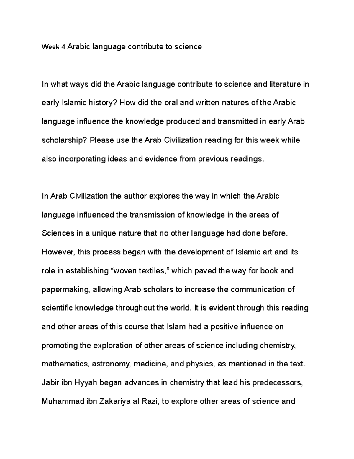 Week 4 Arabic language contribute to science - In Arab Civilization the ...