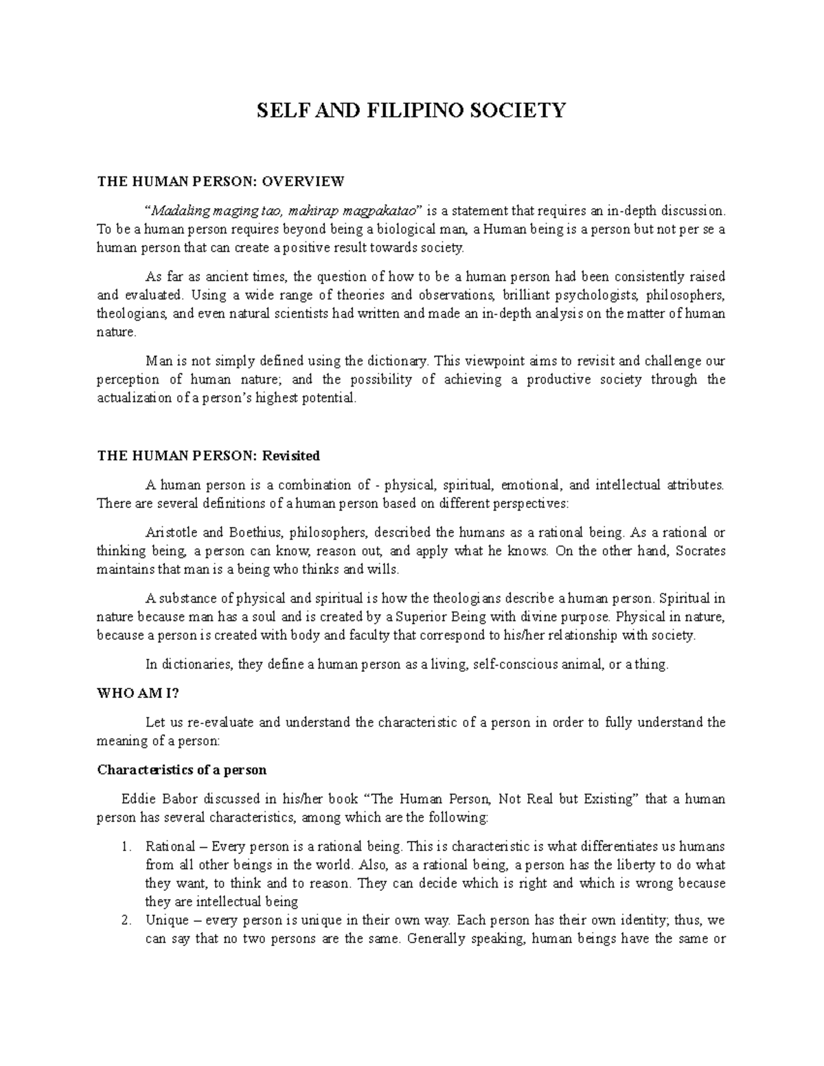 SELF AND Filipino Society - SELF AND FILIPINO SOCIETY THE HUMAN PERSON ...