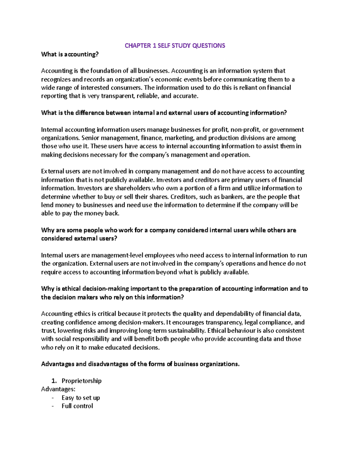 CH 1-2 Self Study Homework - CHAPTER 1 SELF STUDY QUESTIONS What is accounting? Accounting is ...